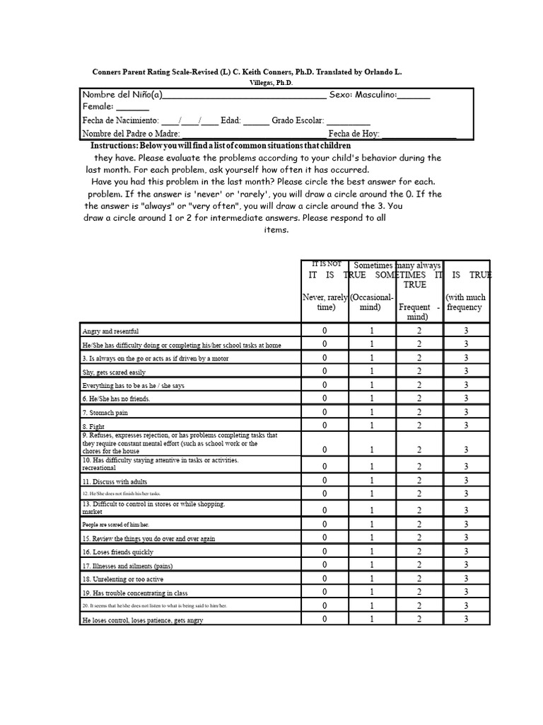 Conners Parent Scale | PDF | Psychology | Psychological Concepts