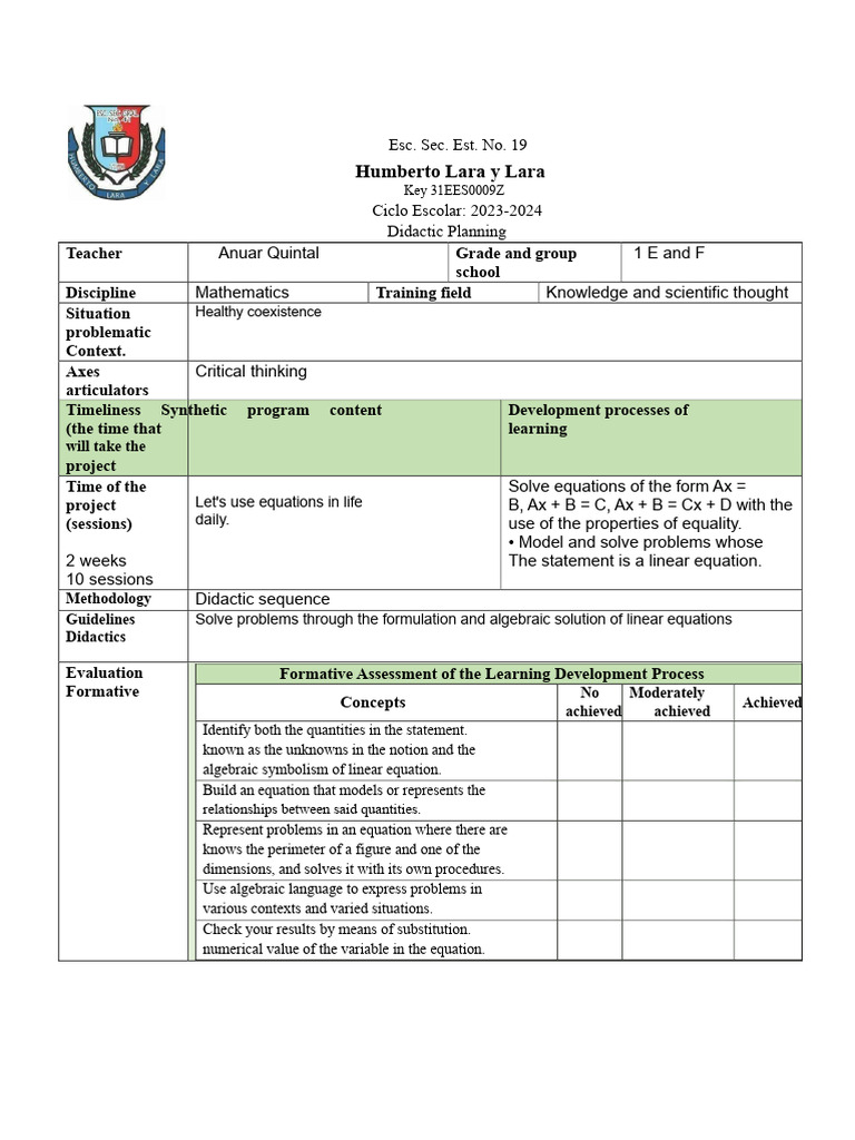 January Linear Equations Planning | PDF | Equations | Area