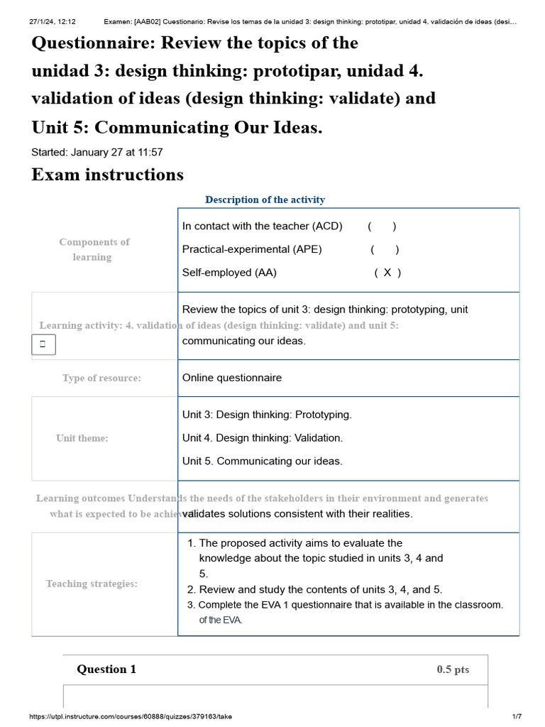Questionnaire: Review The Topics of The Unidad 3: Design Thinking ...