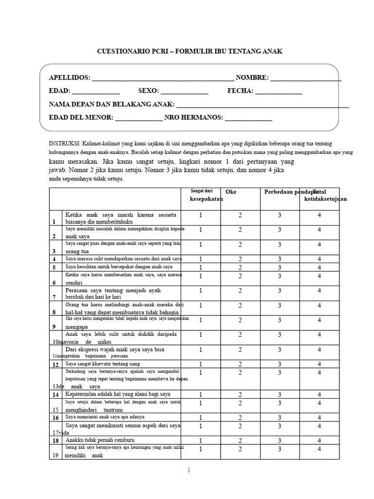 Kuesioner PCRI untuk Orang Tua Anak | PDF