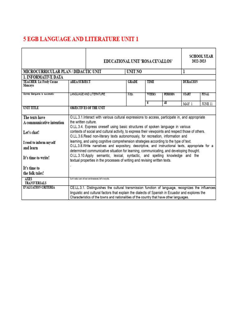 5th Grade EGB Lesson Plan by Didactic Unit | PDF | Reading ...