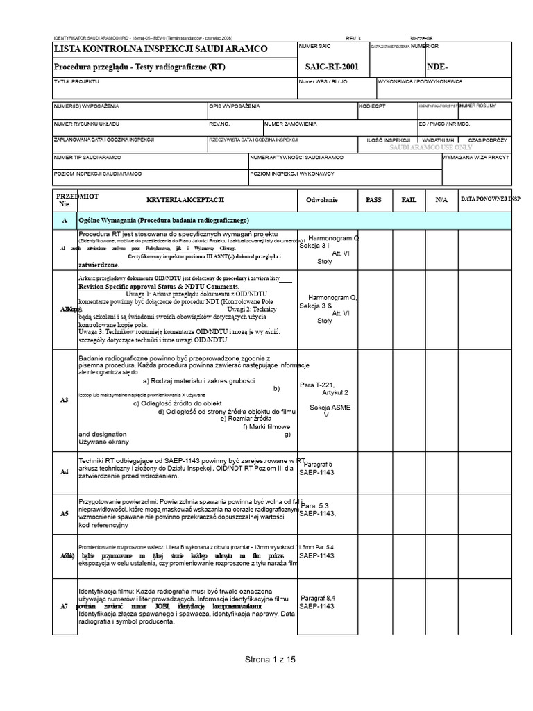 Lista Kontrolna Inspekcji RT ARAMCO - SAIC-RT-2001 | PDF