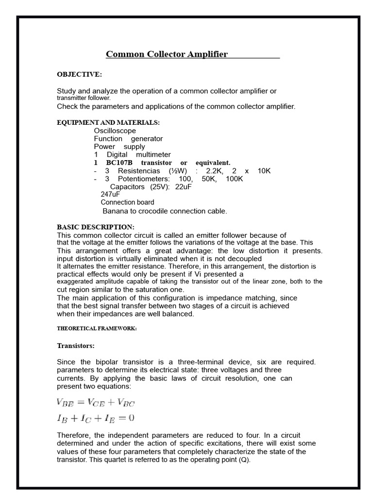 Common Collector Amplifier | PDF | Amplifier | Transistor