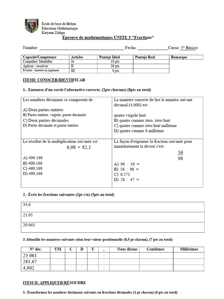 Test Unité 4 Nombres Décimaux 5ème | PDF | Décimal | Nombre