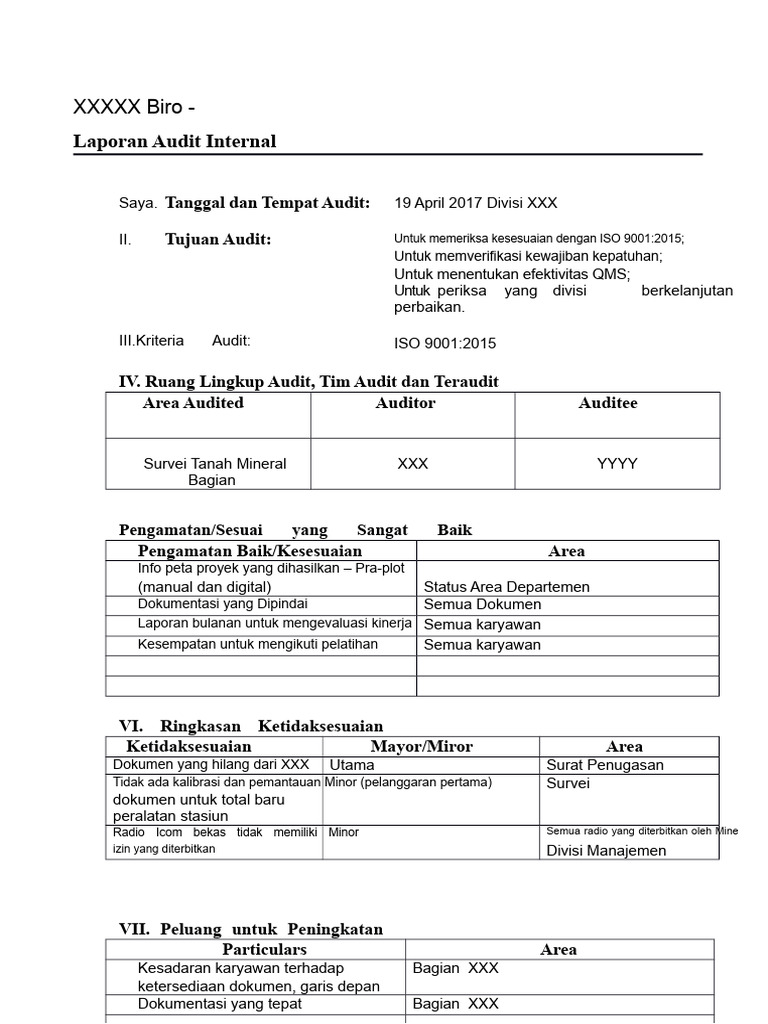 Laporan Audit ISO 9001:2015 Divisi XXX | PDF