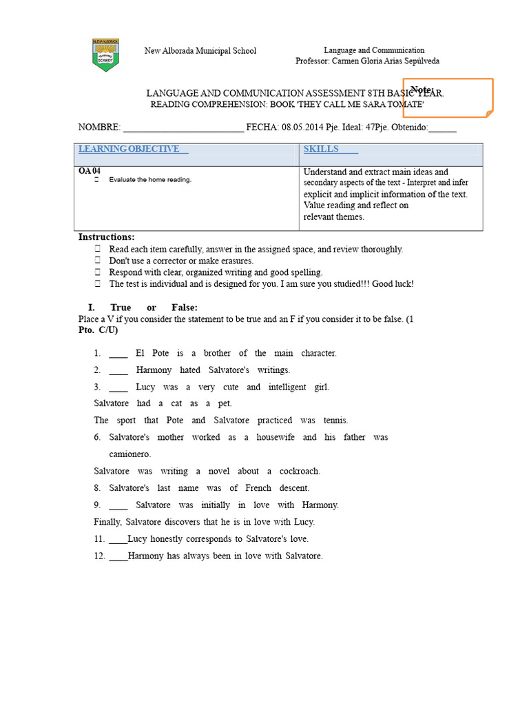 Test Book They Call Me Sara Tomato | PDF | Reading Comprehension ...