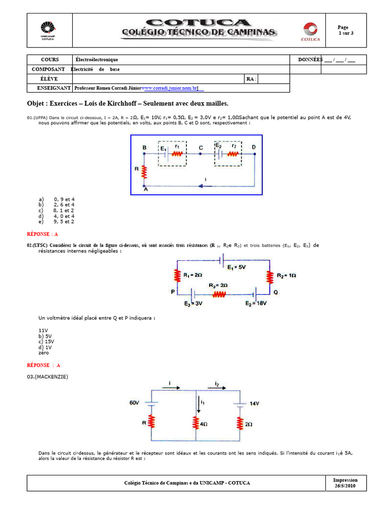 Exercices sur les lois de Kirchhoff | PDF | Tension électrique ...