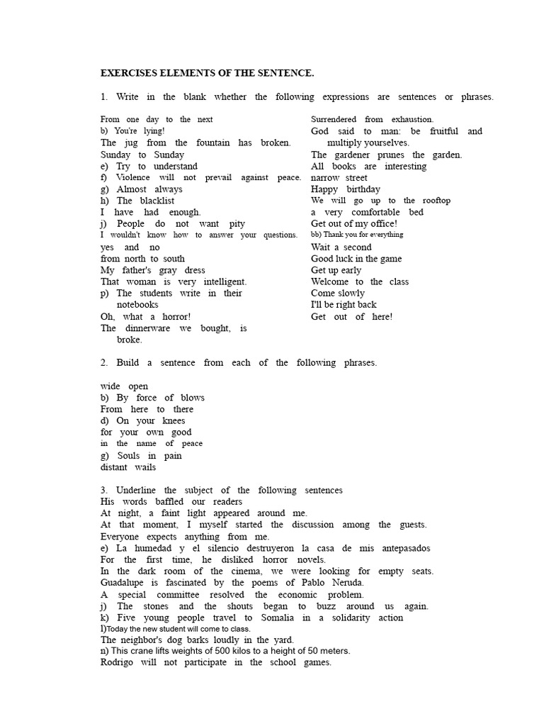 Sentence Structure Exercises Guide | PDF | Subject (Grammar) | Semantic ...