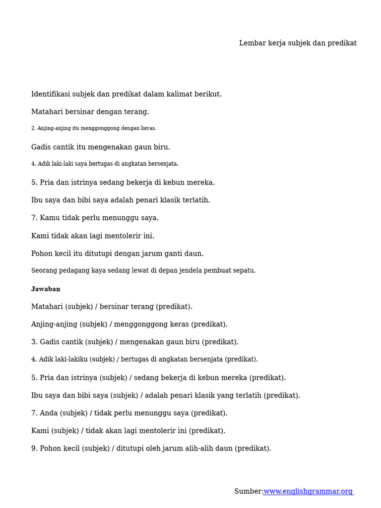 Lembar Kerja Subjek dan Predikat | PDF