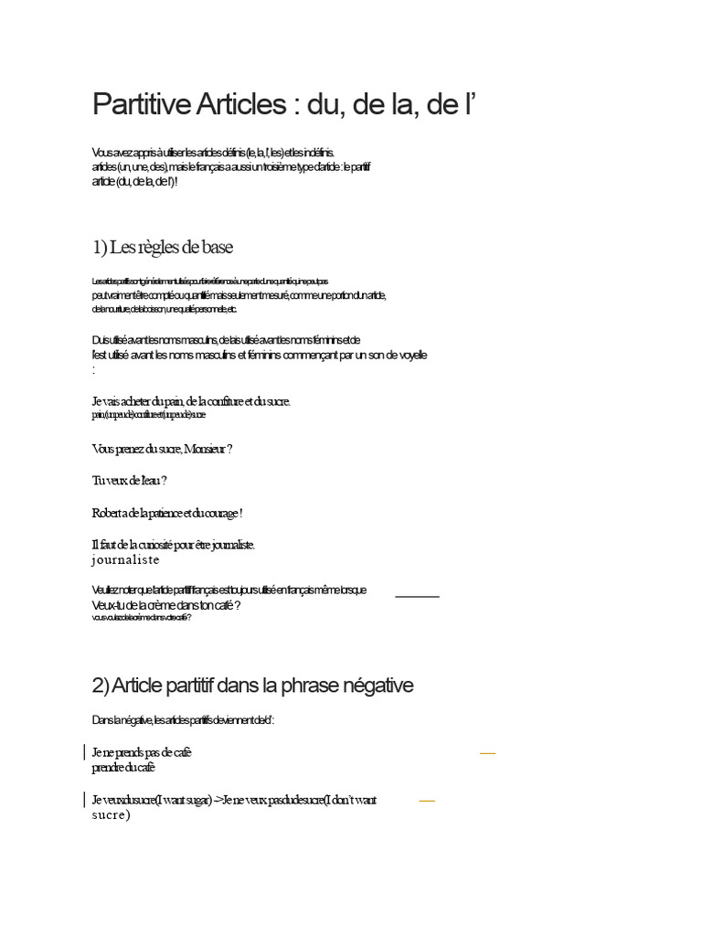 Articles Partitifs en Français : Guide Complet | PDF
