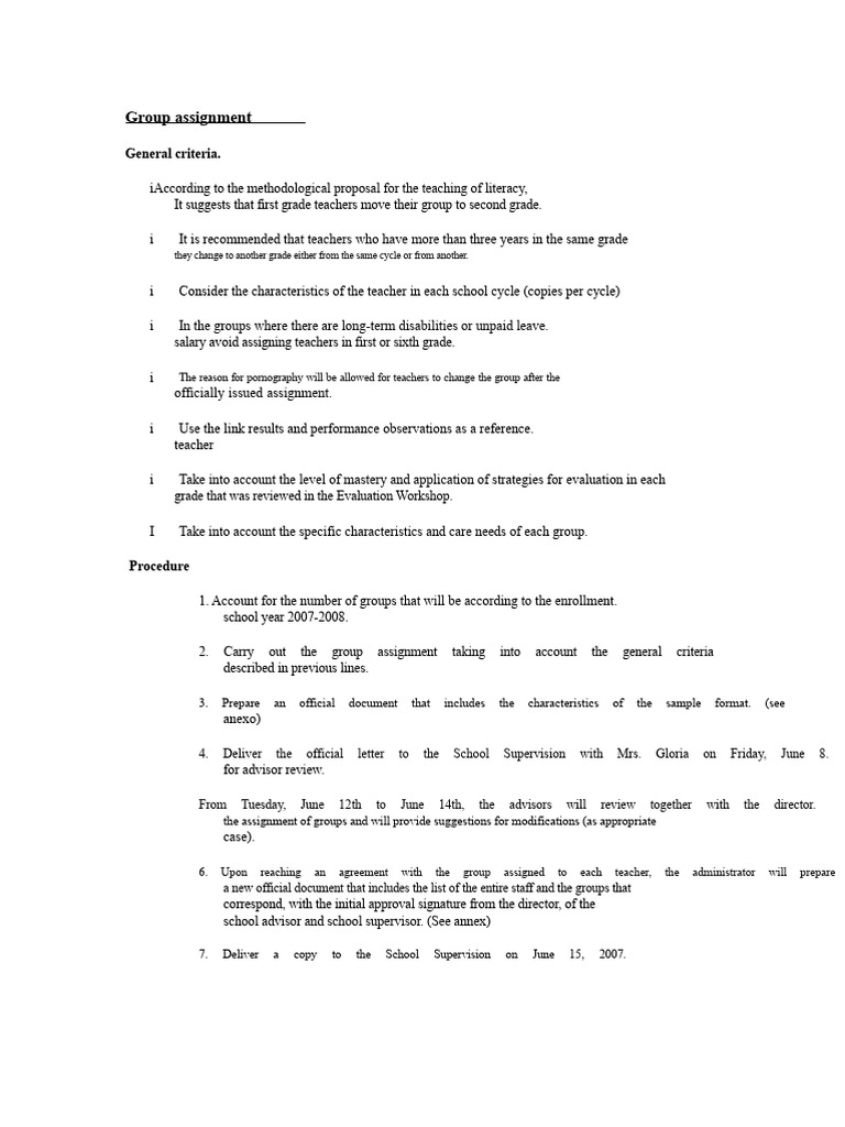 Criteria For Group Assignment | PDF | Teachers