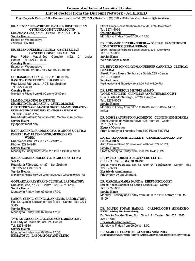 Lambari Doctors Directory - ACILMED | PDF | Health Care | Medical ...