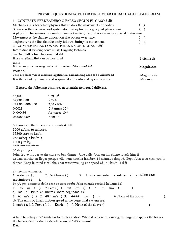 Physics Questionnaire For Supplementary Exam First Year of Baccalaureate | PDF | Trigonometric ...