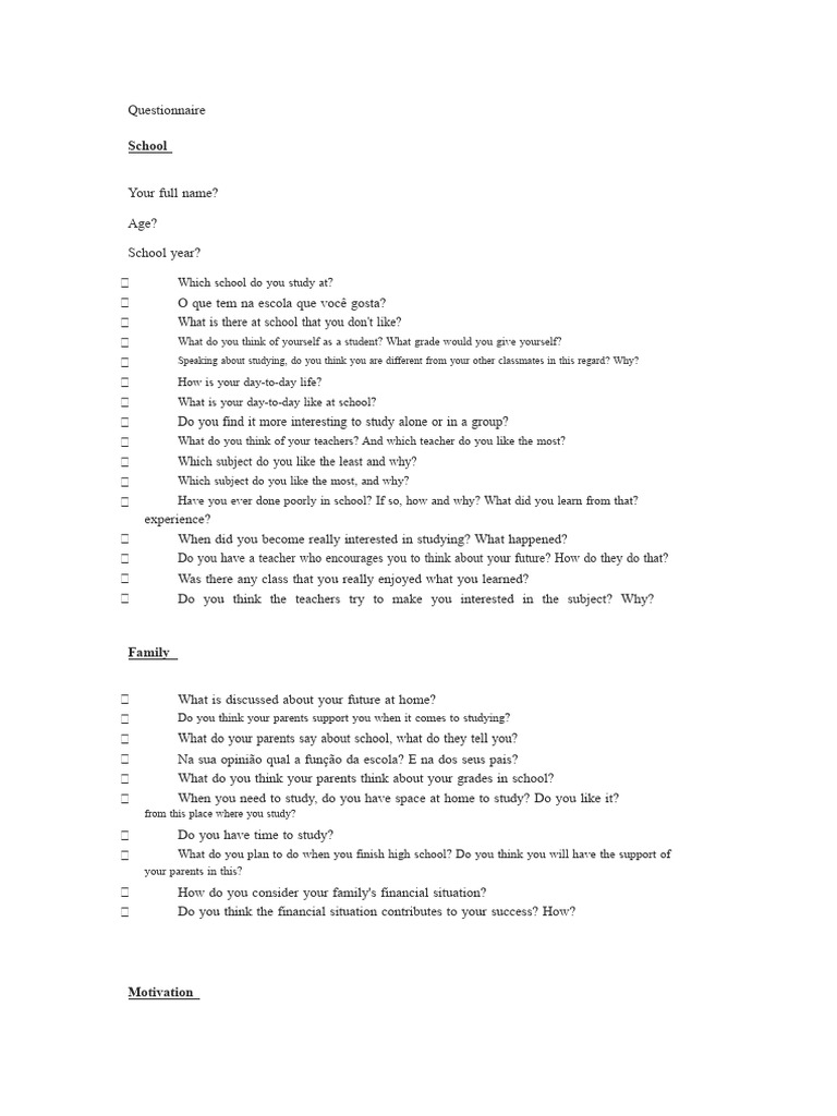 Motivation Questionnaire For Interview, School, Teenager | PDF