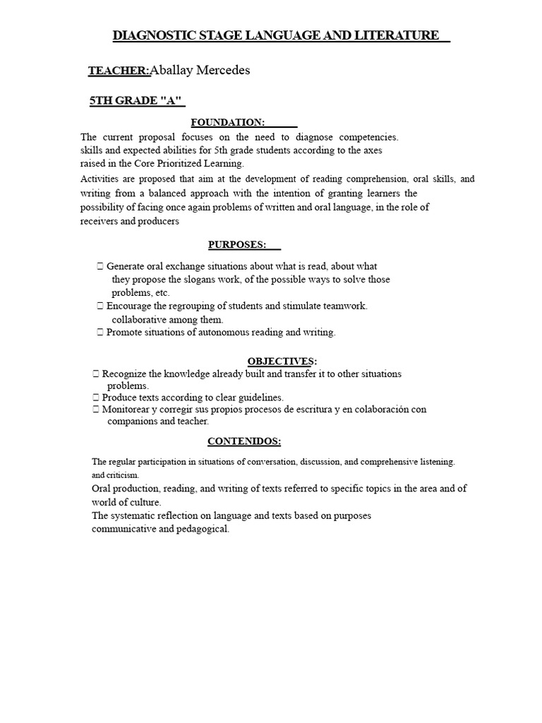 Diagnostic Stage Language 5th Grade 2024 | PDF | Learning | Reading ...