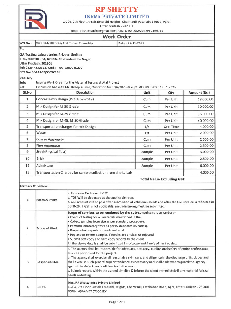 WO-014. QA Testing Laboratories Pvt Ltd-Materails Sample Testing (1) | PDF