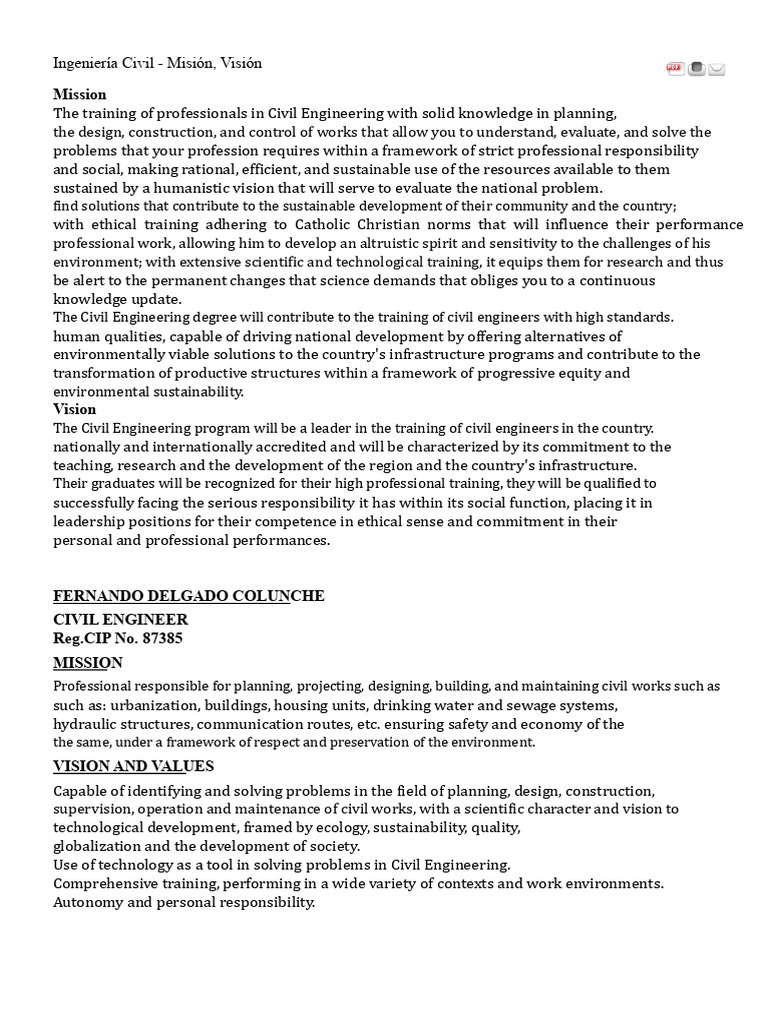 Civil Engineering Mission and Vision Overview | PDF | Sustainability | Risk