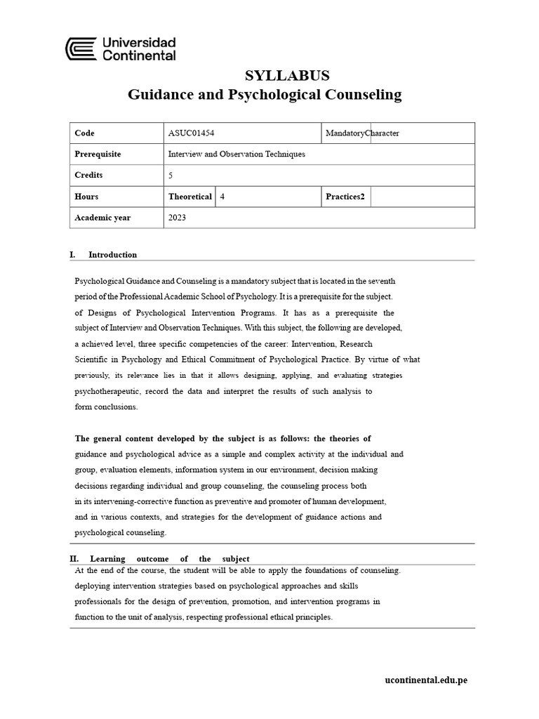 Guidance and Counseling - Syllabus | PDF | Psychotherapy | Psychology