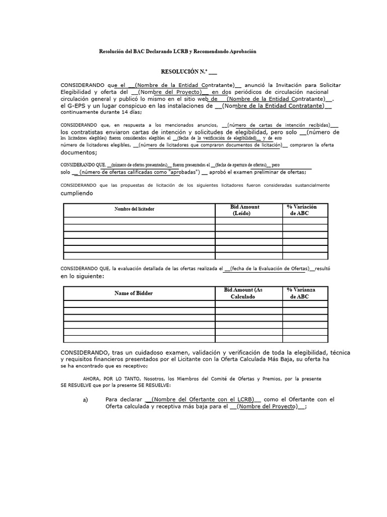 Resolución Del BAC Declarando El LCRB y Recomienda La Aprobación | PDF