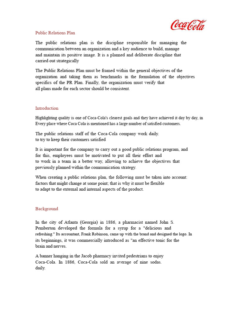 Coca Cola PR Plan | PDF | Coca Cola | Public Relations