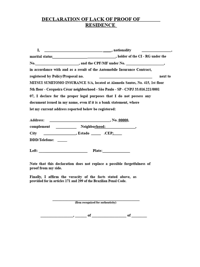 Declaration of Lack of Proof of Residence For Individuals | PDF