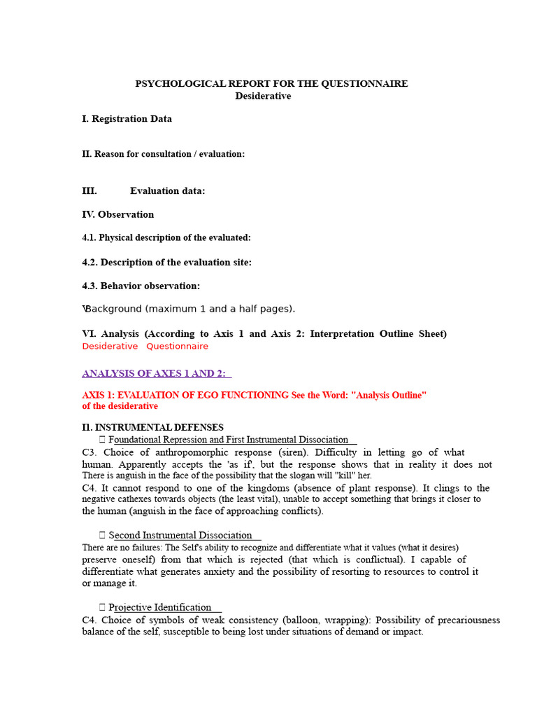 Psychological Report Model of The Desiderative Questionnaire | PDF ...