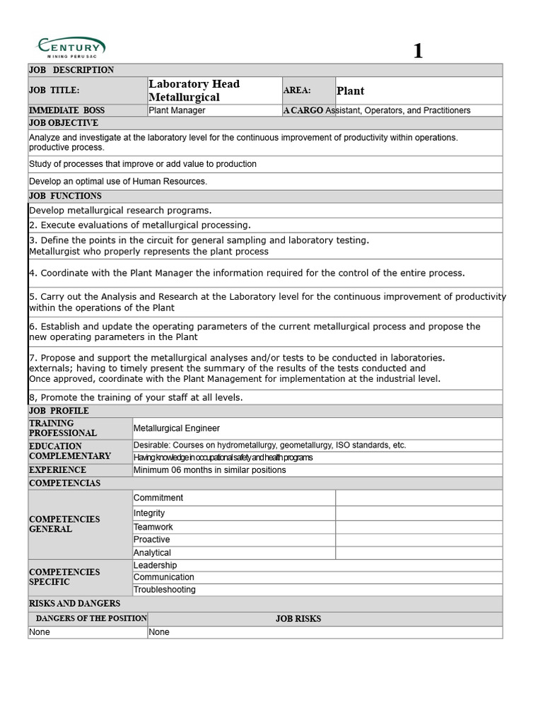 Metallurgical Laboratory Job Descriptions | PDF | Laboratories | Metallurgy