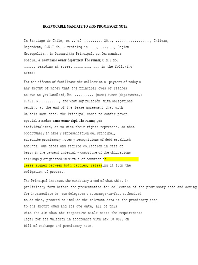 Irrevocable Mandate To Sign Promissory Note | PDF | Promissory Note | Lease