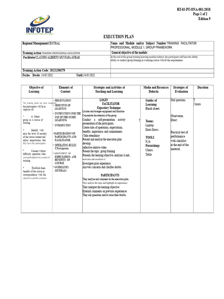 Execution Plan For FFP Course Group Framework | PDF | Learning ...
