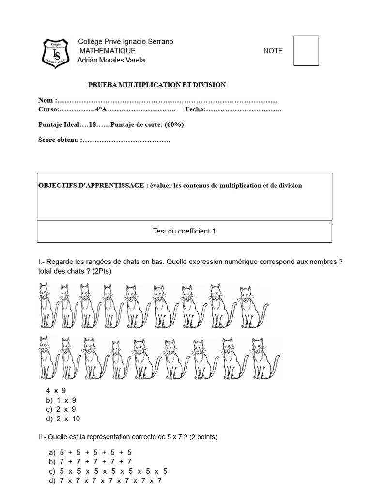 Test de Multiplication Et de Division de 4ème Année | PDF