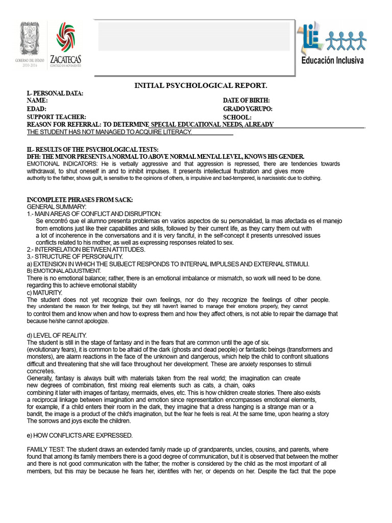 Special Education Example Psychological Report 2012 | PDF | Feeling | Fear