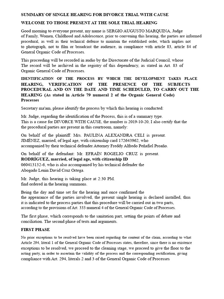 Summary of Divorce Hearing With Cause | PDF | Lawsuit | Birth Certificate