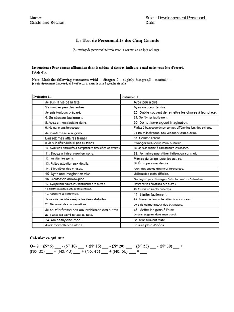 Test de Personnalité des Cinq Grands | PDF | Sciences comportementales ...
