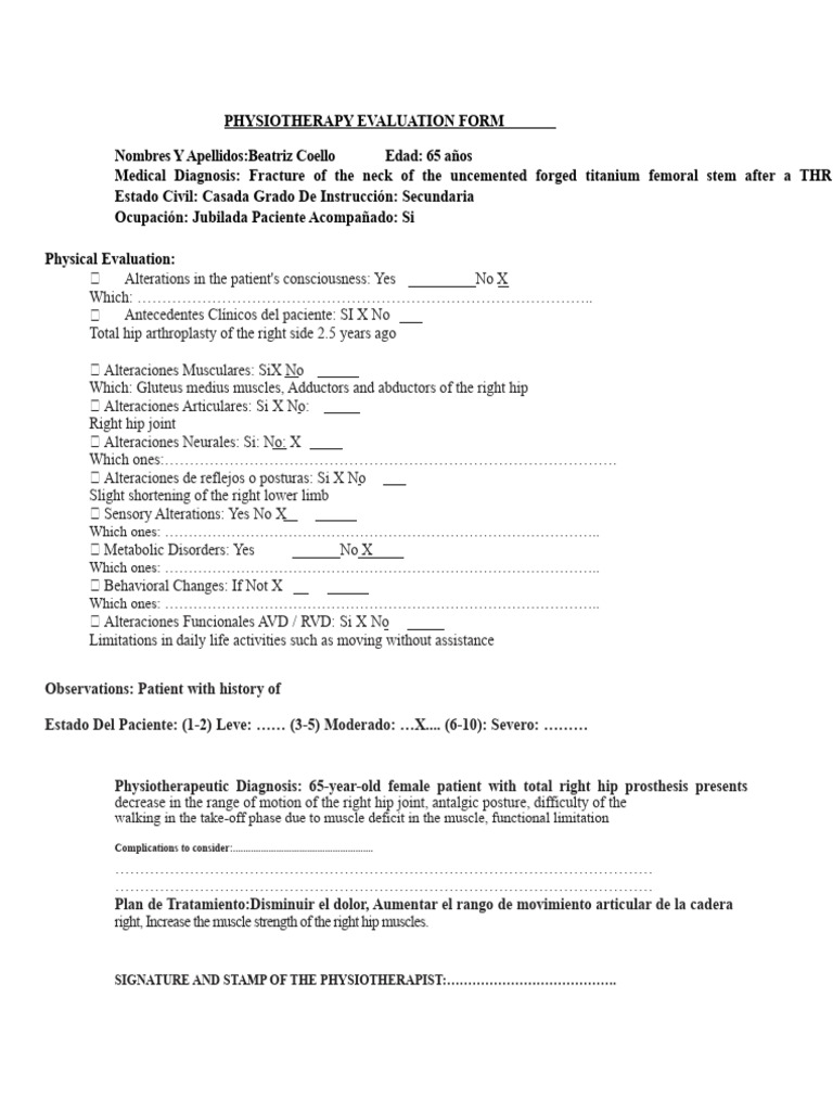 Physiotherapy Evaluation Form for Patients | PDF | Anatomical Terms Of ...