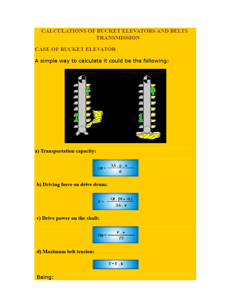 Bucket Elevator and Conveyor Belt Calculations | PDF