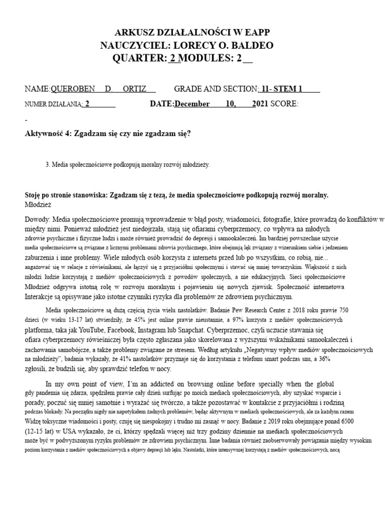 Quarter: 2 Modules: 2: Nauczyciel: Lorecy O. Baldeo | PDF