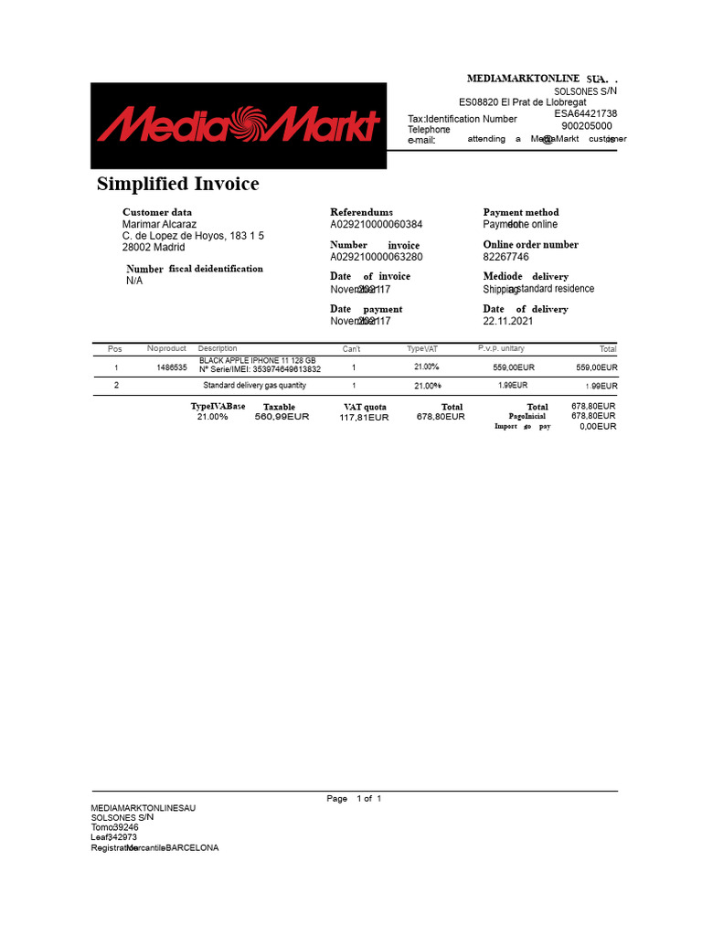 Media Markt Spain Tested PDF | PDF | Invoice | Value Added Tax