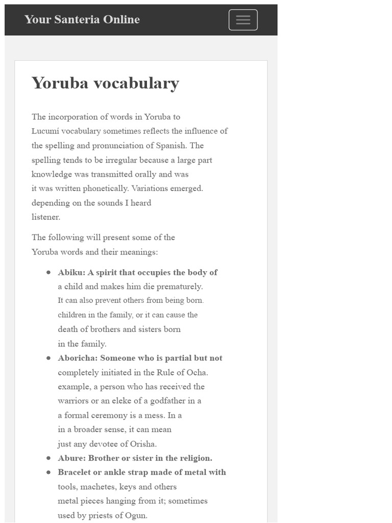 Yoruba Vocabulary - Your Santeria Online | PDF
