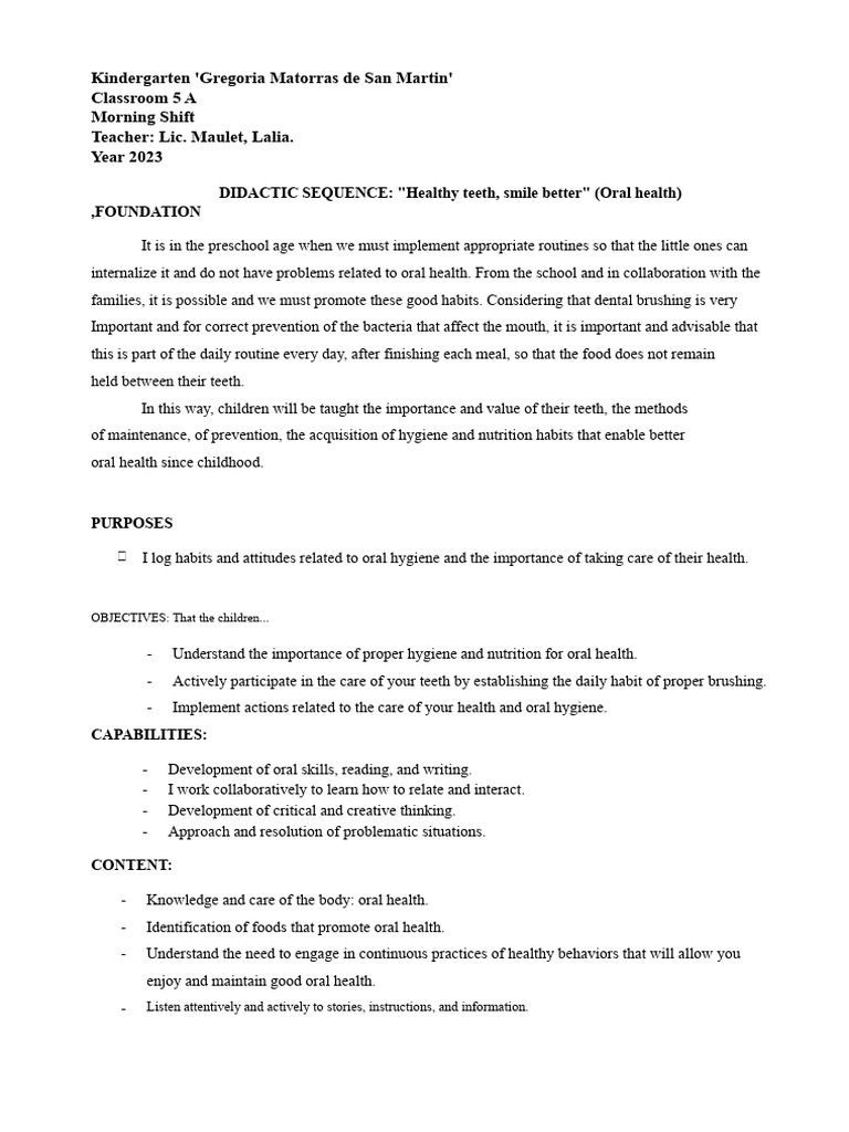 Didactic Sequence "Healthy Teeth, Smile Better" (Oral Health) | PDF ...
