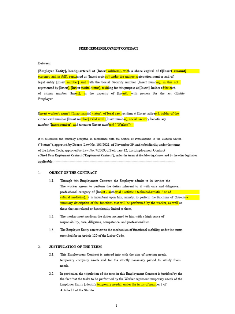 Draft Fixed-Term Employment Contract | PDF | Employment | Identity Document