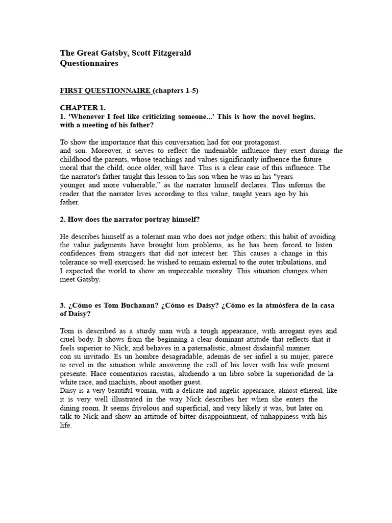 The Great Gatsby: Chapter Questionnaires | PDF | The Great Gatsby