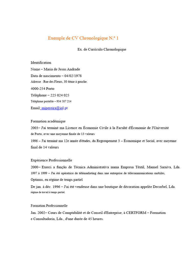 Exemples de CV Chronologiques détaillés | PDF | Développement ...