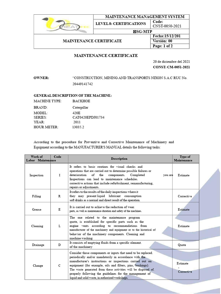 Maintenance Certificate for Caterpillar 420E | PDF | Mechanical Engineering