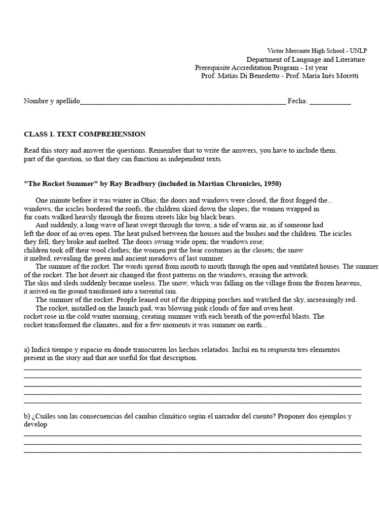 Text Comprehension: "The Rocket Summer" | PDF