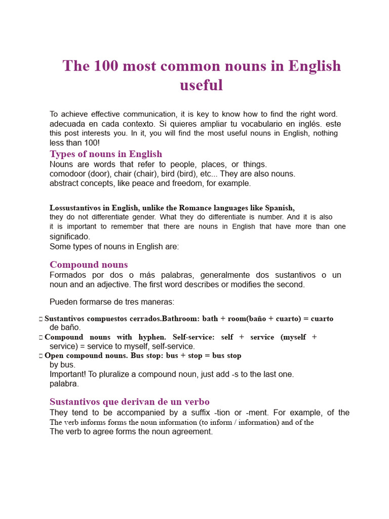 100 Common English Nouns List | PDF | Noun | English Language