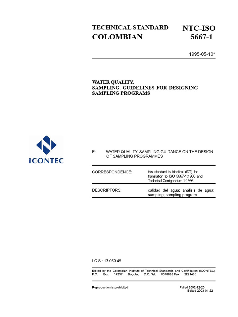 NTC-ISO 5667-01-1995. Guidelines For The Design of Sampling Plans PDF ...