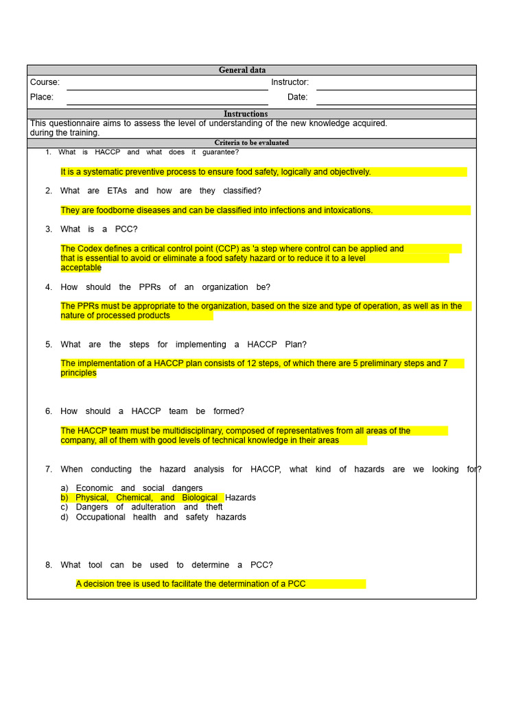 HACCP Training Assessment Questionnaire | PDF | Food Safety | Hazards