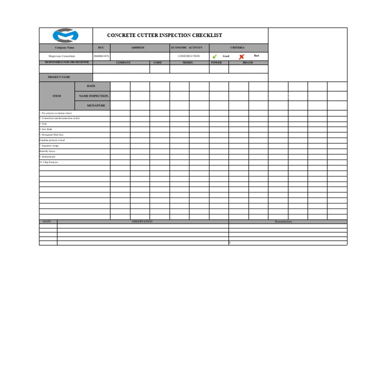 Concrete Cutter Inspection Checklist | PDF