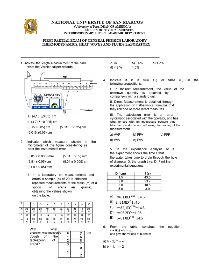 First Partial Laboratory Exam of General Physics | PDF | Potential ...