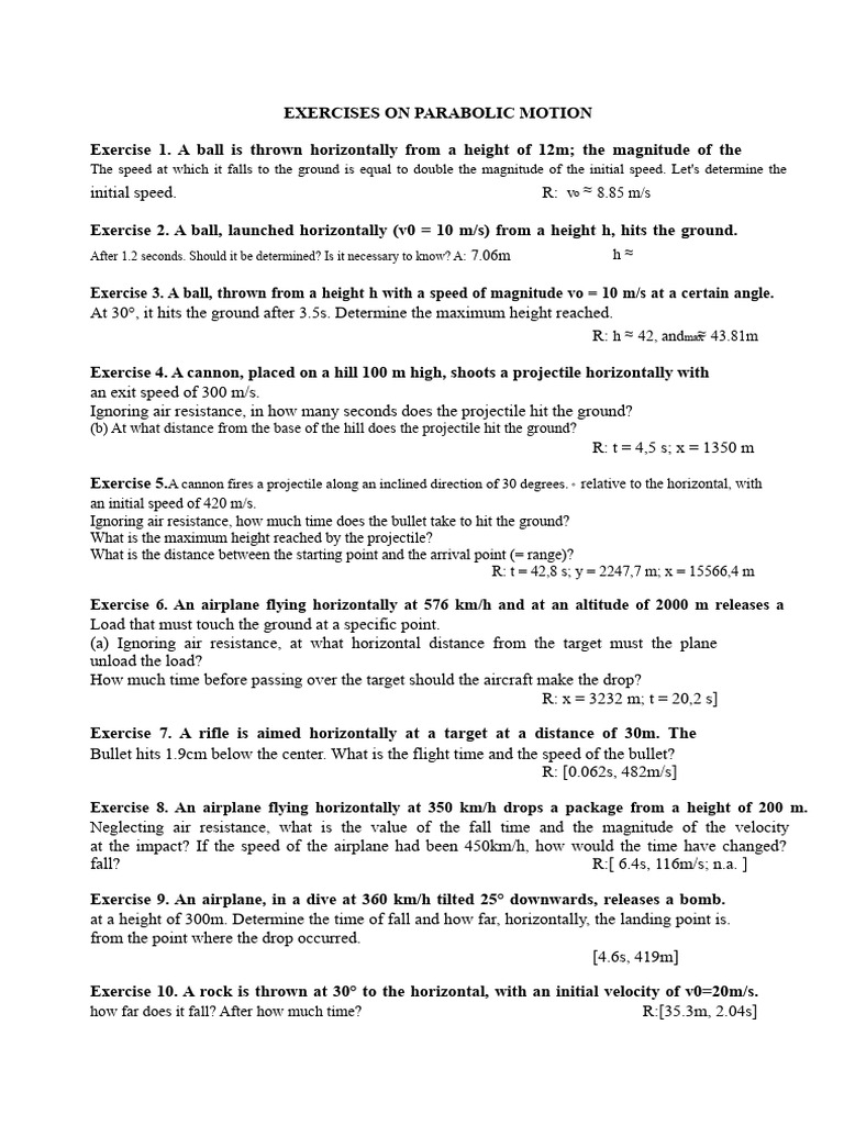 Parabolic Motion Exercises and Solutions | PDF | Projectiles | Speed